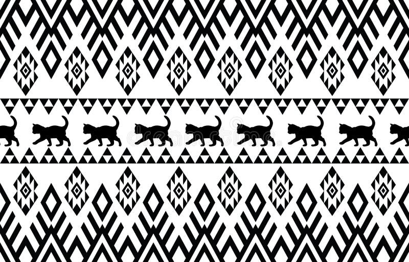 Black Cats Walking Pattern Tribal Geometric Design Seamless Repeat ...