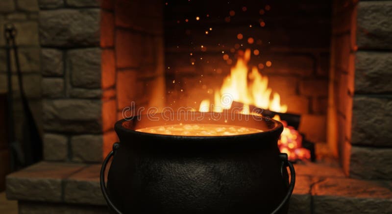 Black Cauldron Boiling Over Fire in Stone Fireplace Stock Illustration ...