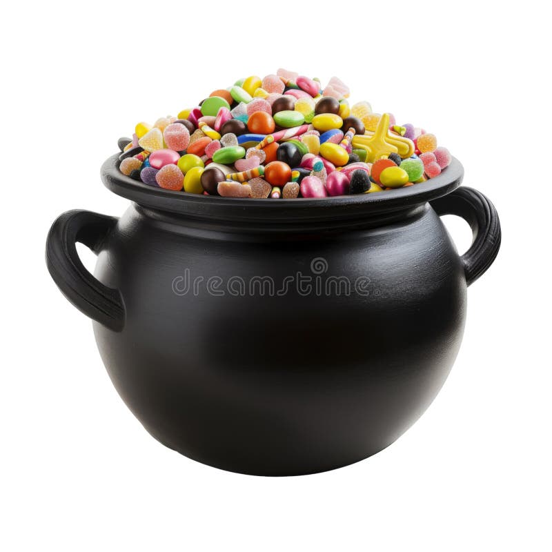 Black Cauldron Filled with Colorful Candies Stock Image - Illustration ...