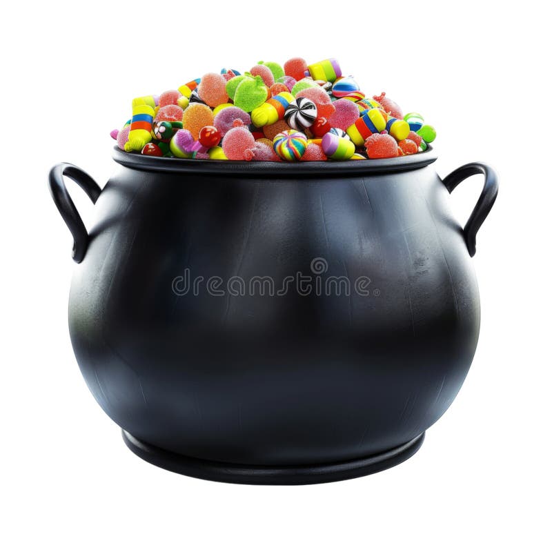 Black Cauldron Filled with Colorful Candies Stock Image - Illustration ...