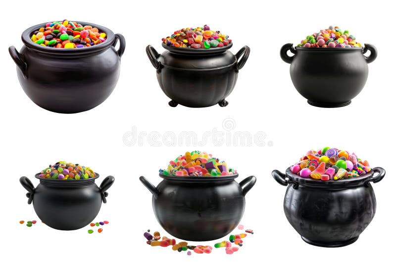 Black Cauldron Filled with Colorful Candies Stock Image - Illustration ...