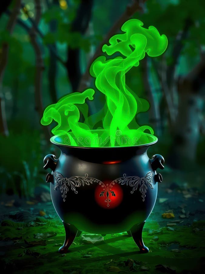 Black Cauldron with Glowing Green Potion in Dark Forest, AI Generation ...