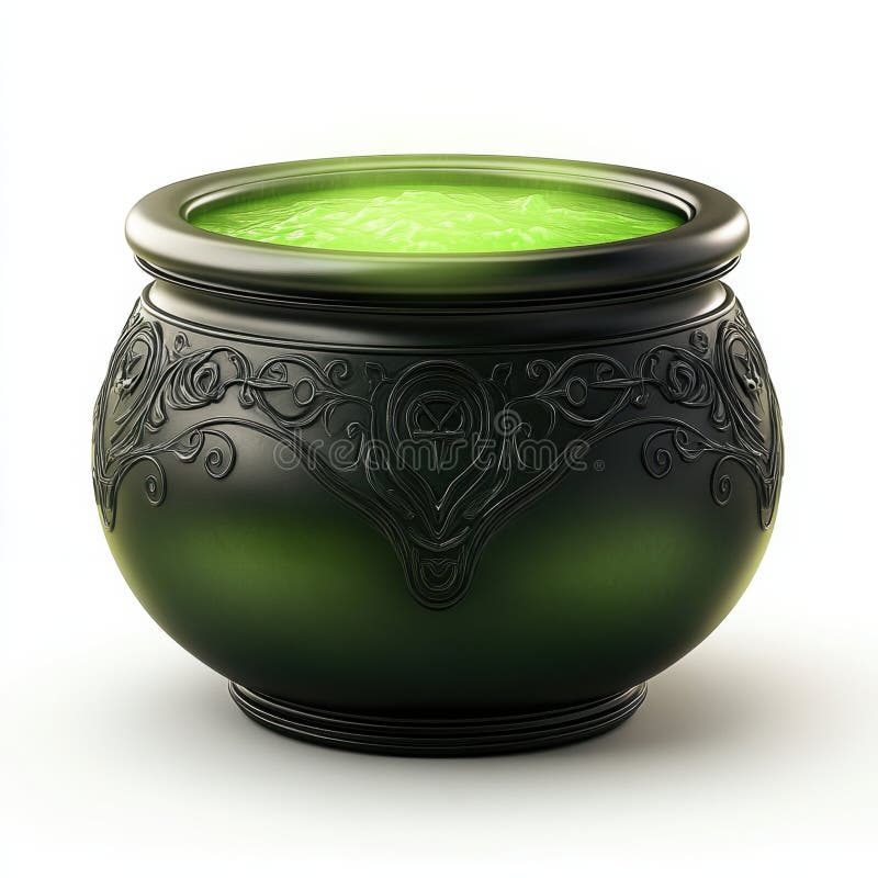 A Black Cauldron with Green Liquid Inside of it on a White Table, AI ...