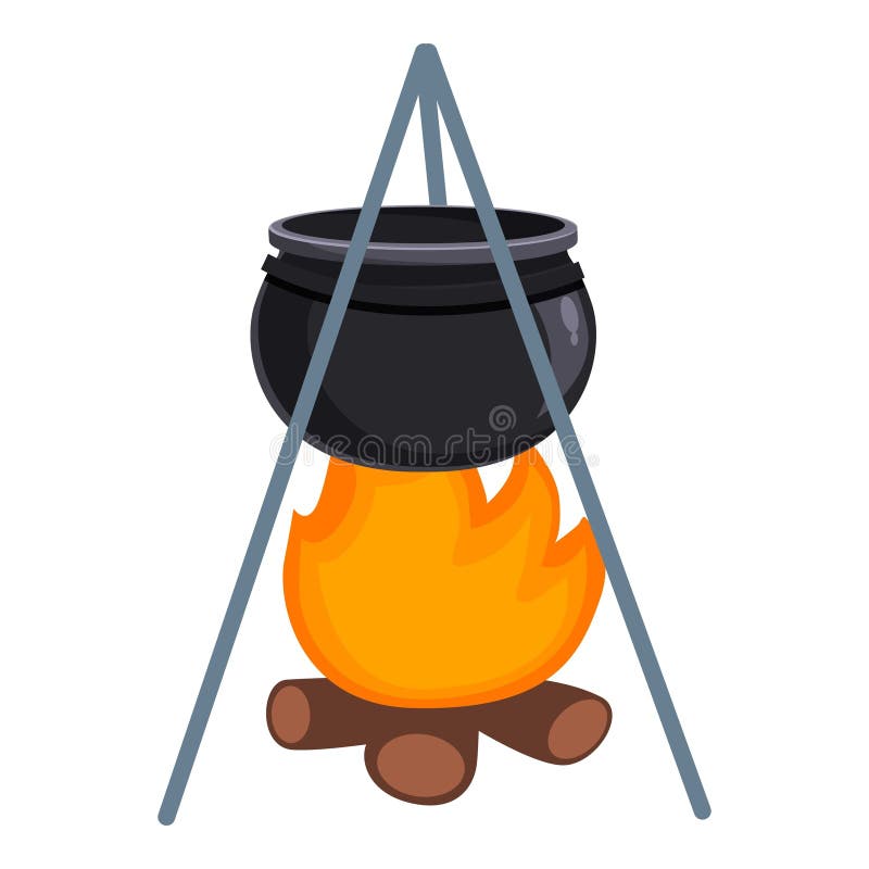 Black Cauldron Hanging Over Burning Campfire on Tripod Stock Vector ...