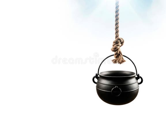 A Black Cauldron Hanging on a Rope. Space for Text. Stock Photo - Image ...