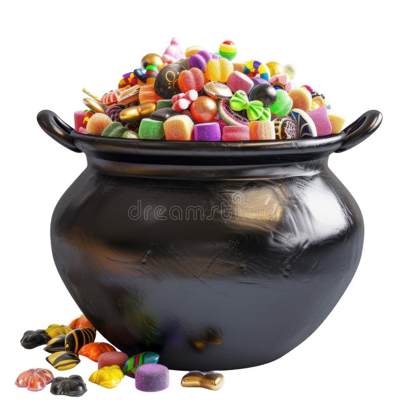 Black Cauldron Overflowing with Colorful Candies Stock Illustration ...