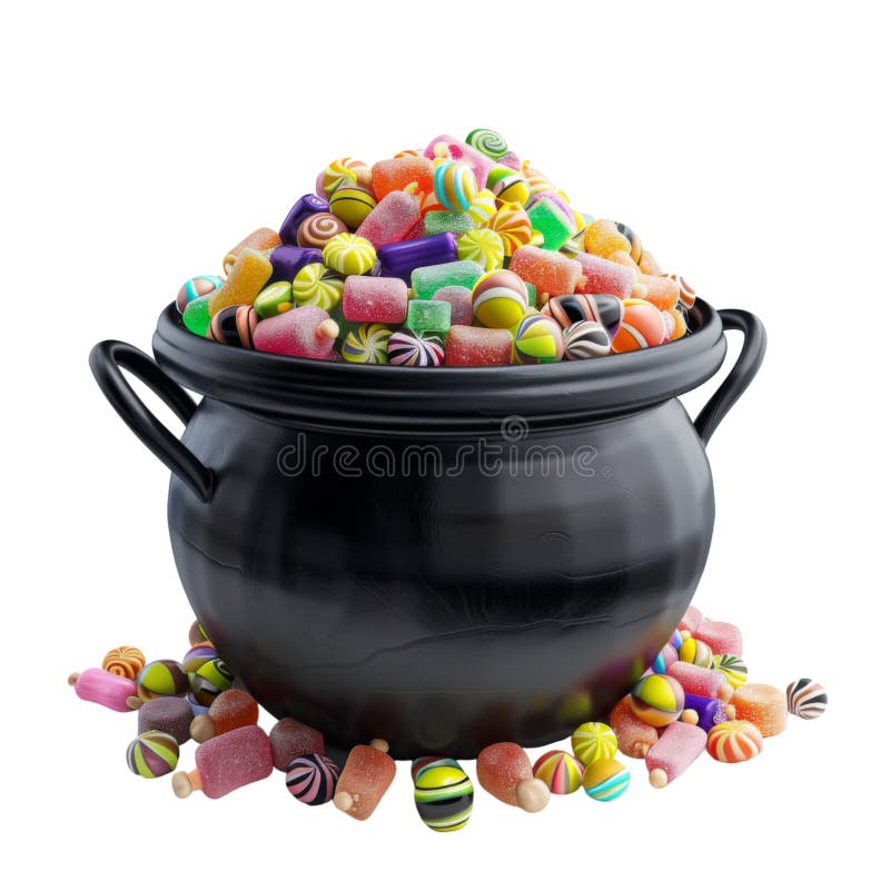 Black Cauldron Overflowing with Colorful Candies Stock Photo ...