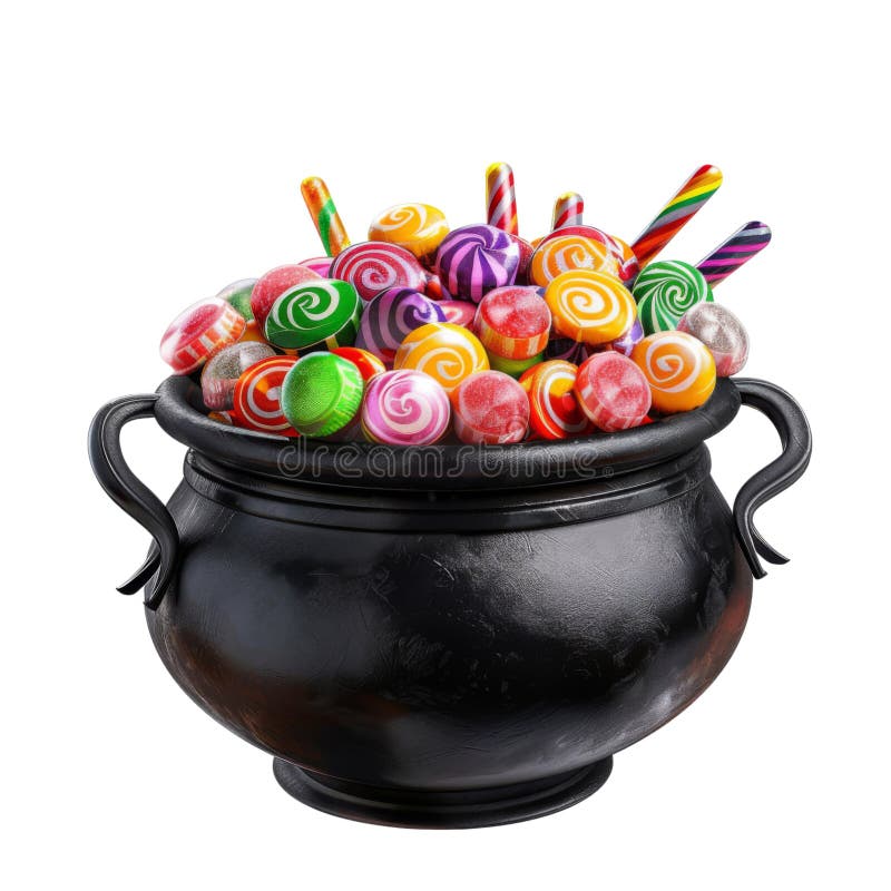 A Black Cauldron Overflowing with Colorful Candies and Lollipops Stock ...