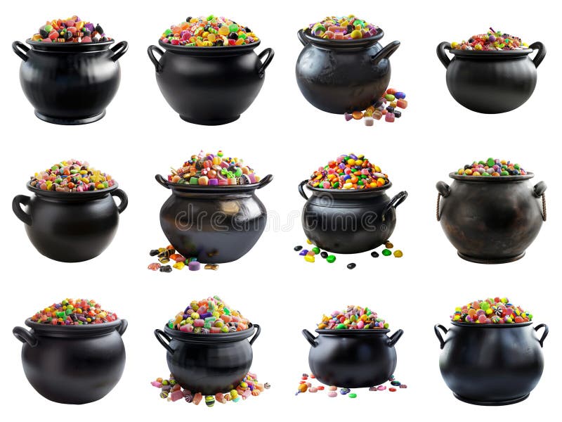 Black Cauldron Overflowing with Colorful Candies and Sweets Stock ...