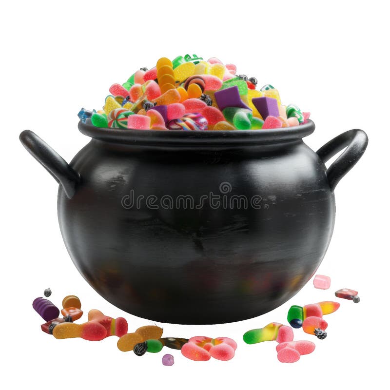 Black Cauldron Overflowing with Colorful Candies Stock Illustration ...