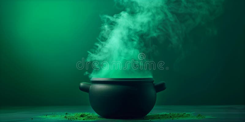 A Black Cauldron Sits on a Table, Filled with a Bubbling Green Potion ...