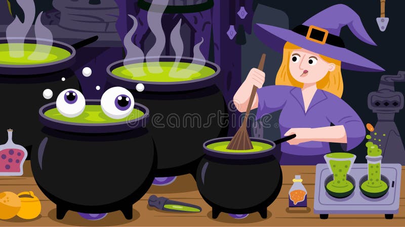 Black Cauldrons with Boiling Magic Potions, Poison and Love Elixir. Old ...