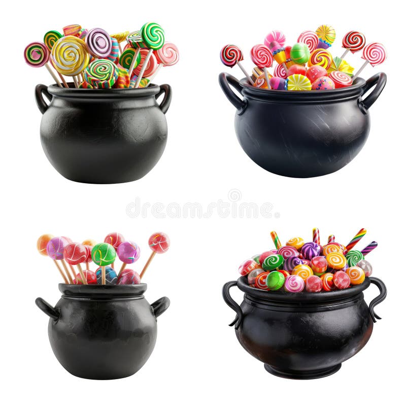 Black Cauldrons Filled with Colorful Lollipops Stock Photo ...