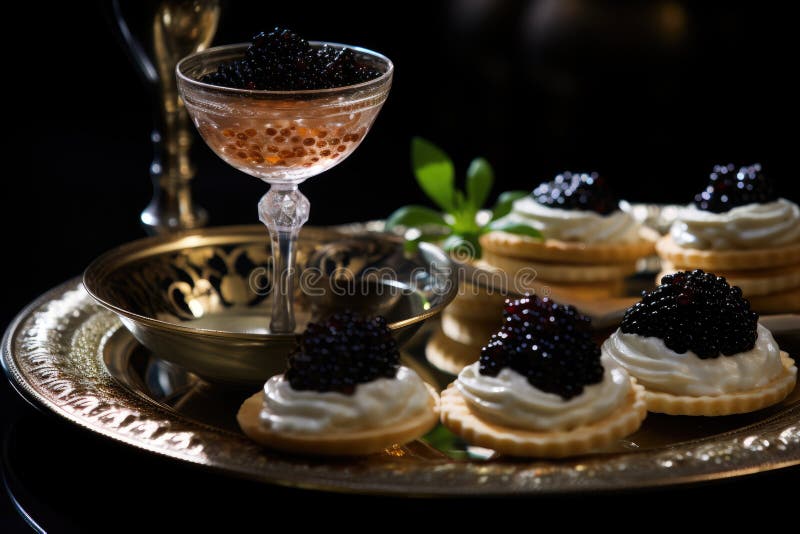 Black Caviar Appetizers Mini Pancakes. Generative AI Stock Illustration ...