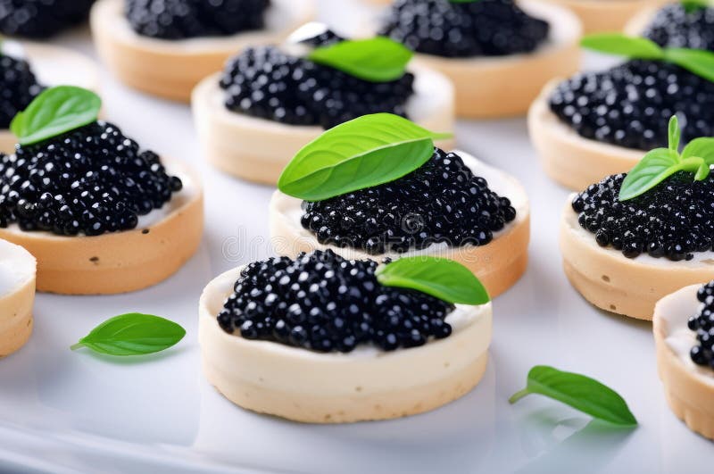 Black Caviar Canapes with Cream Cheese and Basil on Plate Stock ...