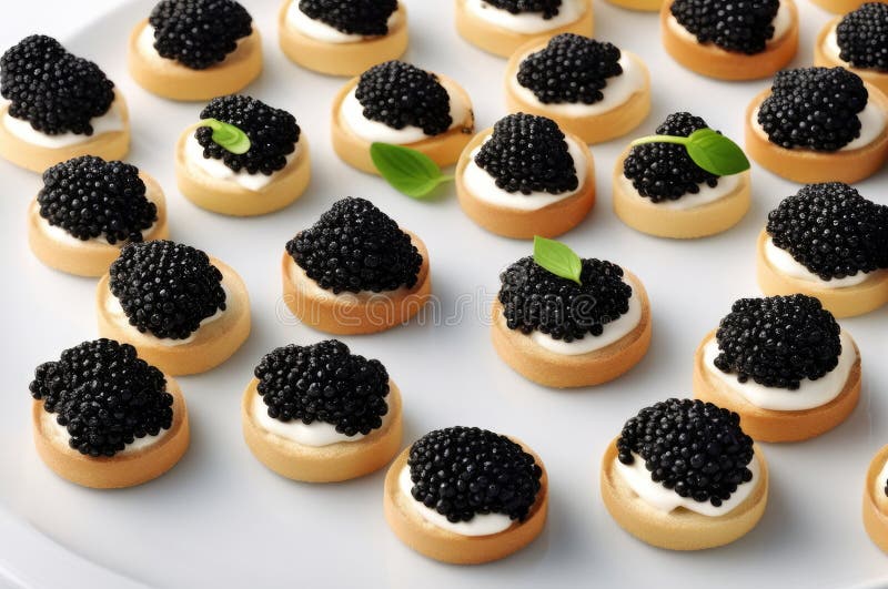 Black Caviar Canapes with Cream Cheese and Basil on Plate Stock ...