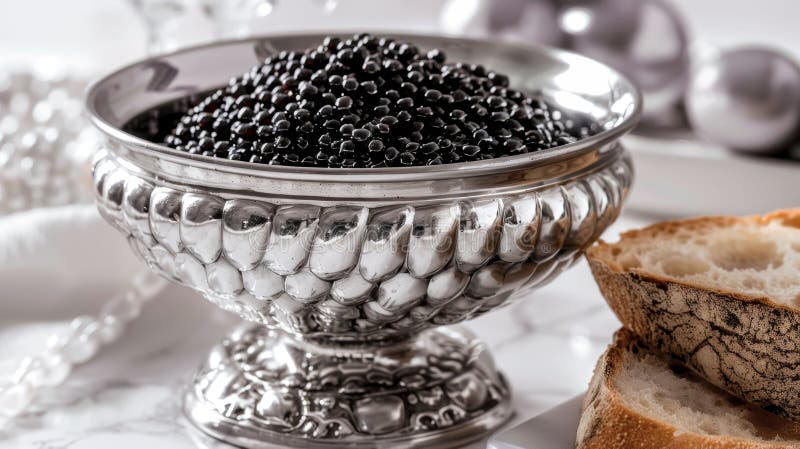 Black Caviar on Ice in Silver Bowl, Vodka and Bread on White Marble ...