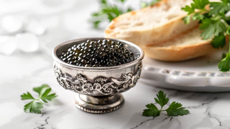 Black Caviar on Ice in Silver Bowl, Vodka and Bread on White Marble ...