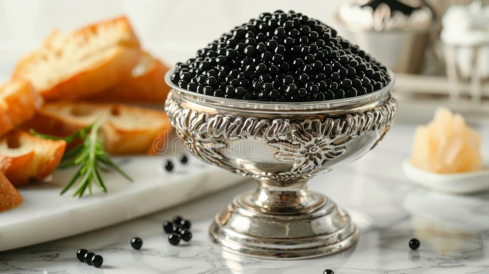 Black Caviar on Ice in Silver Bowl, Vodka and Bread on White Marble ...