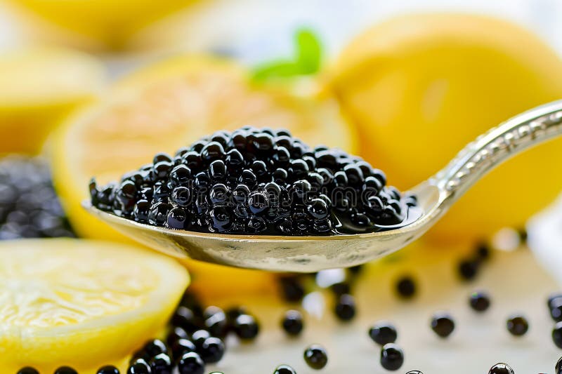 Black Caviar in Spoon. High Quality Natural Sturgeon Black Caviar Close ...