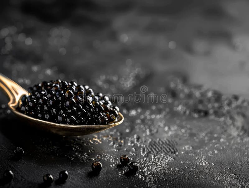Black Caviar in a Vintage Silver Spoon on a Dark Background Stock ...