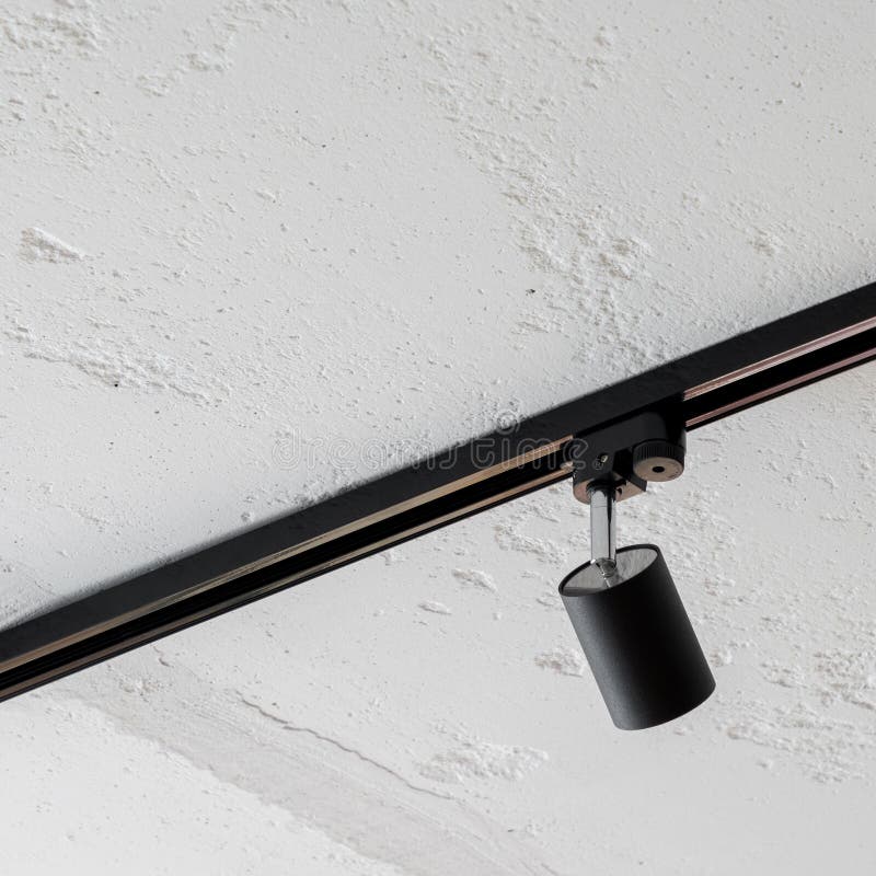 Black Ceiling Lamp on Rail, Close-up Stock Image - Image of modern ...