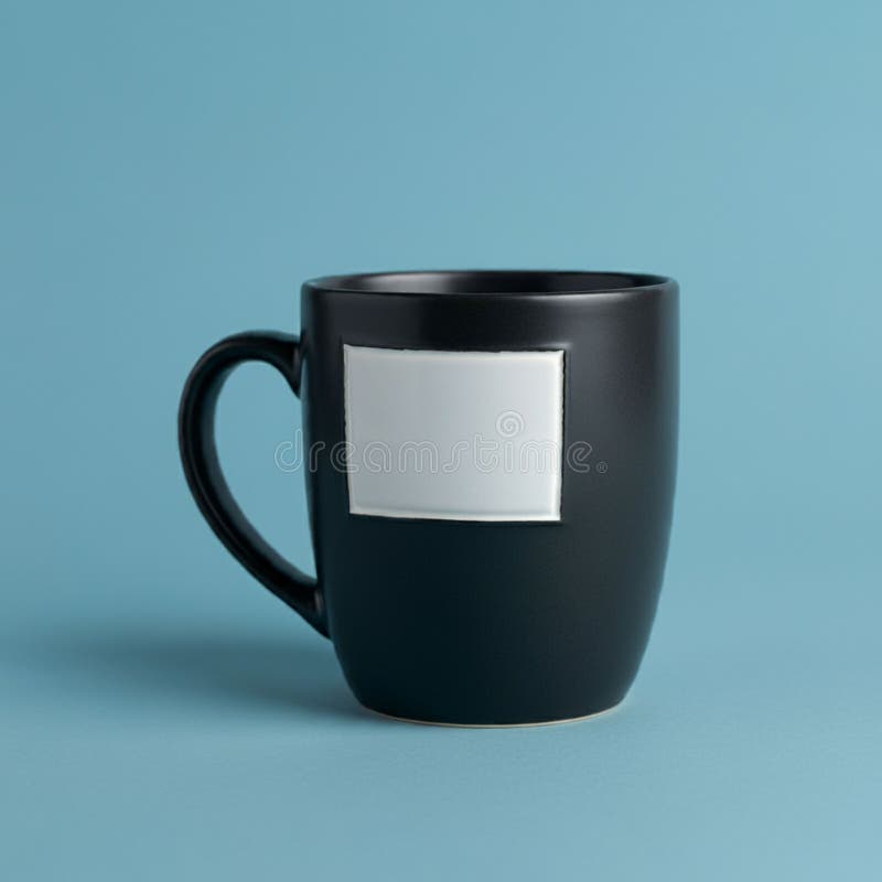 A Black Ceramic Mug with a White Rectangular Label is Positioned ...