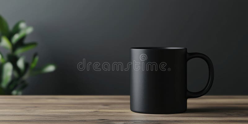 Black Ceramic Mug Wooden Table Blurred Plant Background Stock Photos ...
