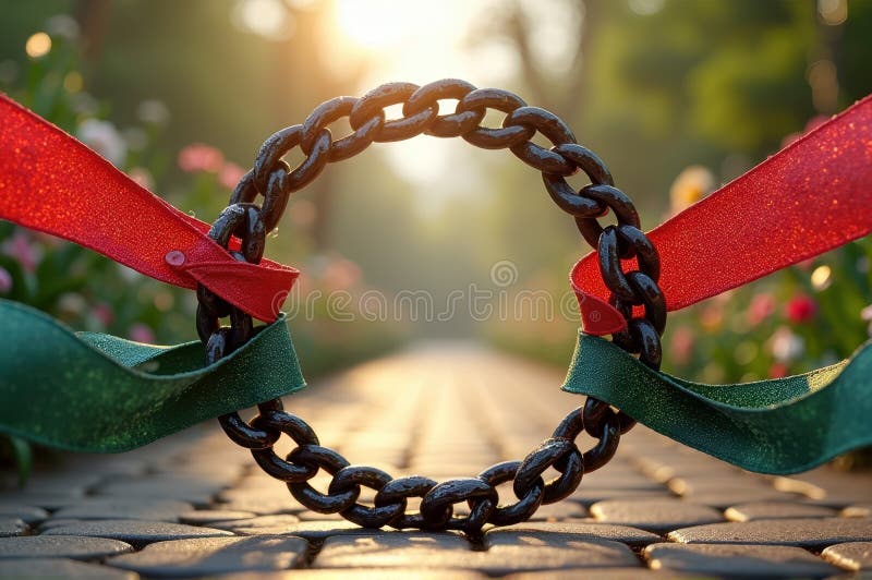 Black Chain Circle with Red and Green Ribbons on a Sunny Cobblestone ...