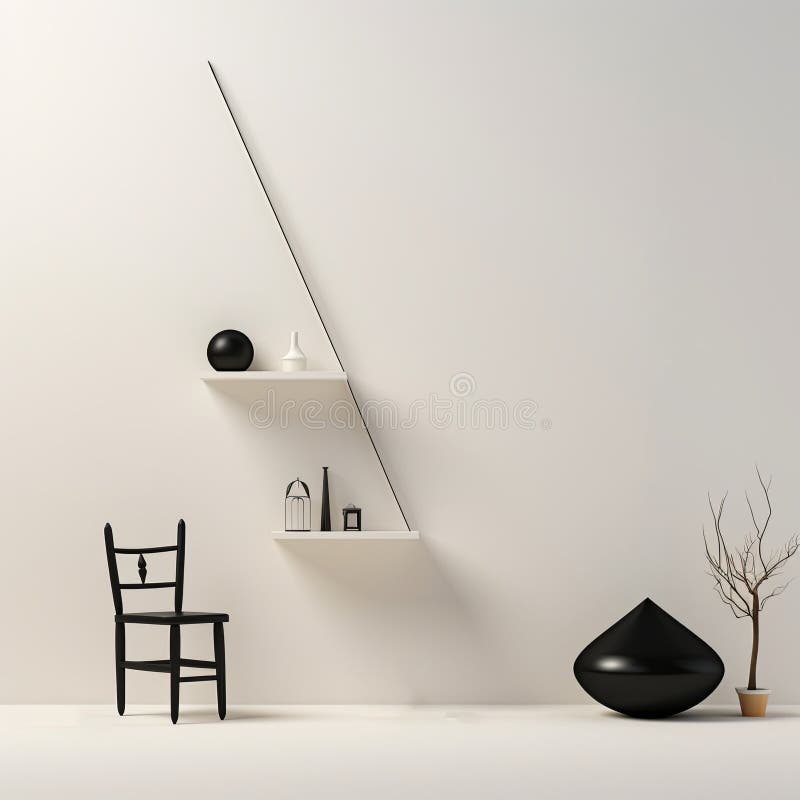 Black Chair and Decorative Objects on White Shelves on the White Wall ...