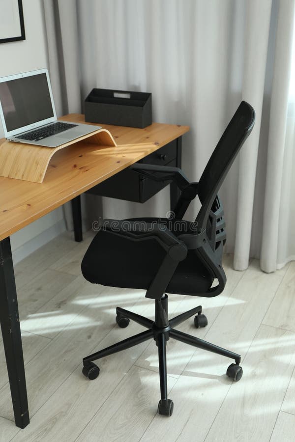 Black Chair, Laptop and Desk in Office Stock Photo - Image of armchair ...