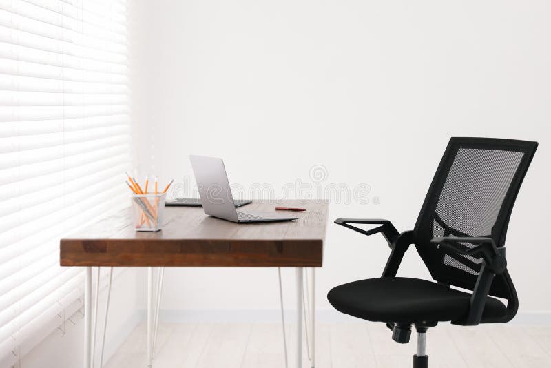 Black Chair, Laptop and Desk in Office Stock Image - Image of luxury ...