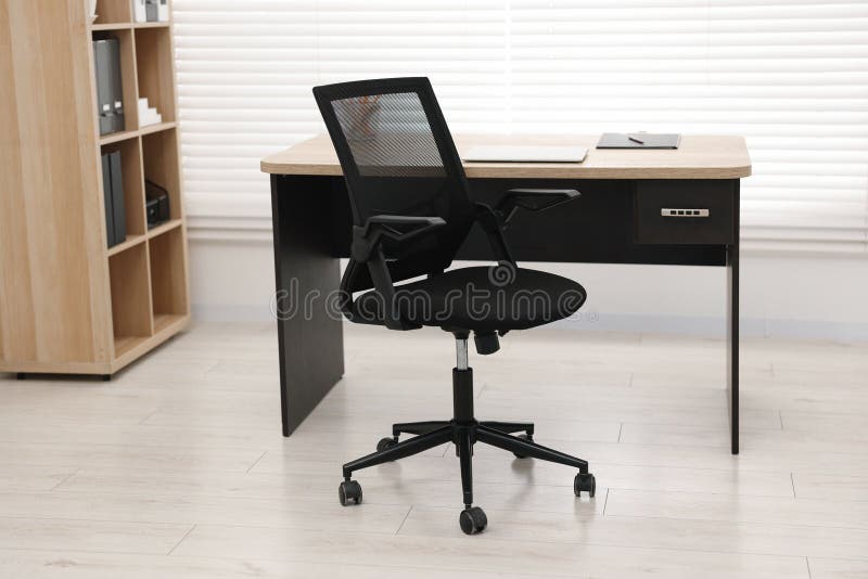 Black Chair, Laptop and Desk in Office Stock Photo - Image of ergonomic ...