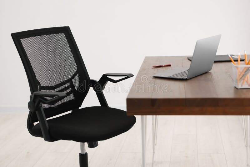 Black Chair, Laptop and Desk in Office, Closeup Stock Photo - Image of ...