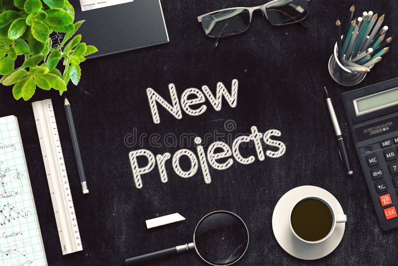 New Projects - Text on Black Chalkboard. 3D Rendering. Stock ...