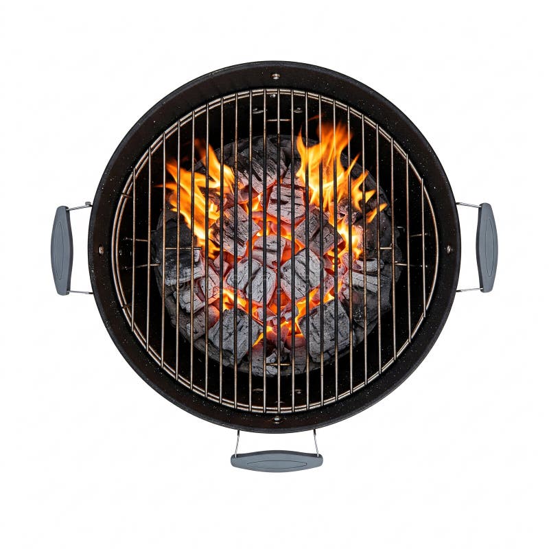 Black Charcoal Grill with Burning Coals, Top View, Isolated on White ...