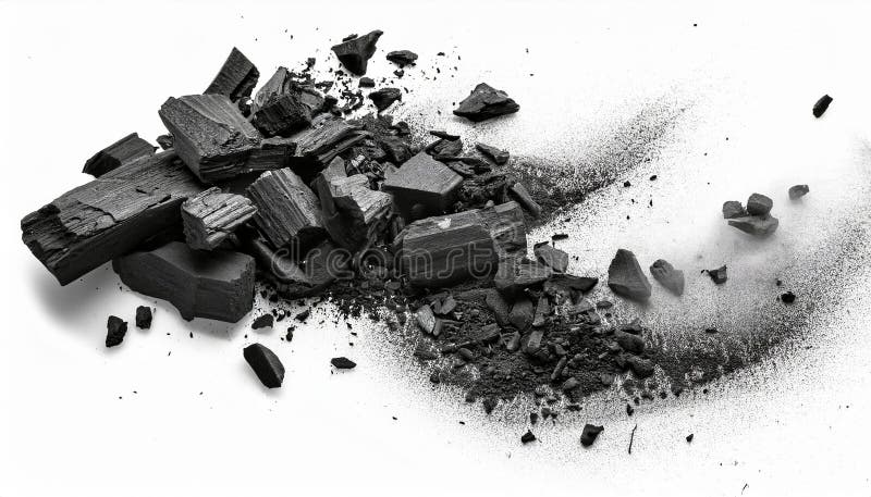 Black Charcoal Powder and Chunks Isolated on White Background Stock ...