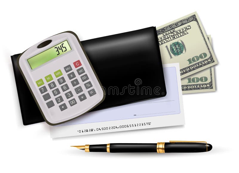 Black Checkbook with Check, Calculator and Dollars Stock Vector ...