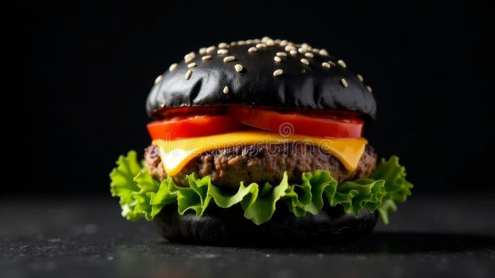 Black Cheeseburger on Table in Dark Room Stock Image - Image of black ...