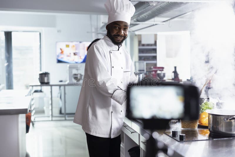 Black Chef Recording Online Cooking Demonstration for a Vlog Tutorial ...