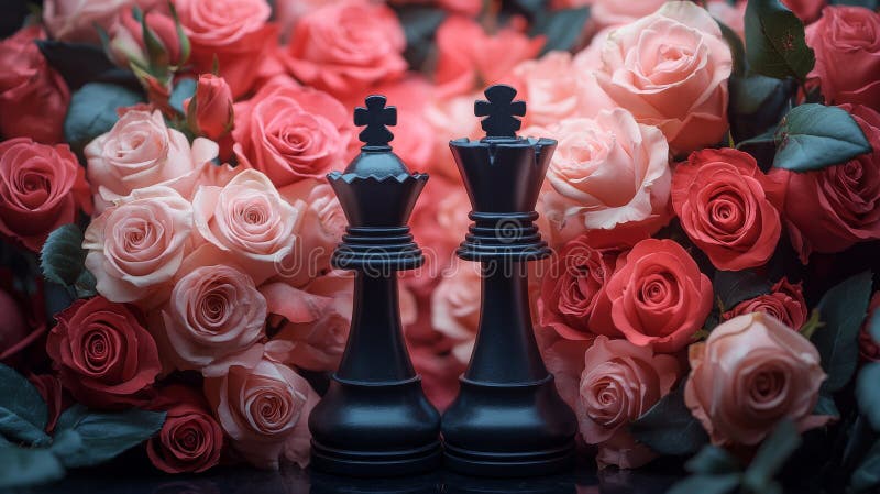 Black Chess King and Queen with Roses, Romantic Concept Stock Photo ...