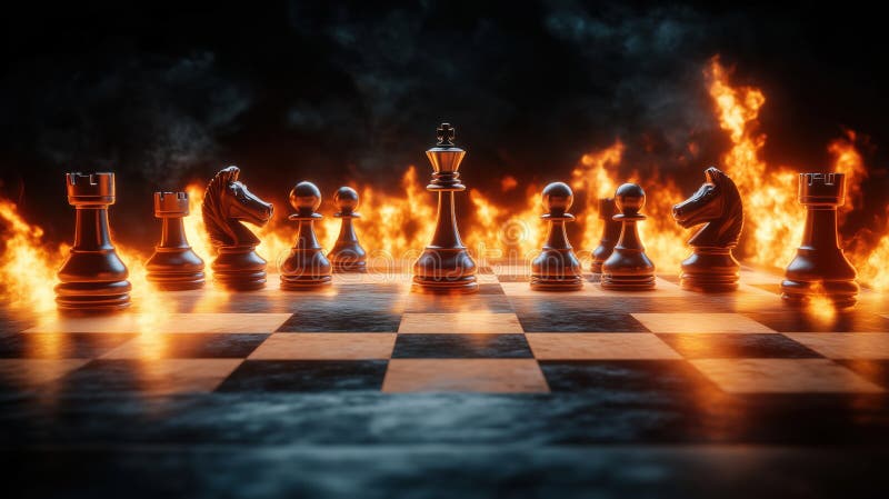 Black Chess Pieces Arranged on a Board Surrounded by Flames in a ...