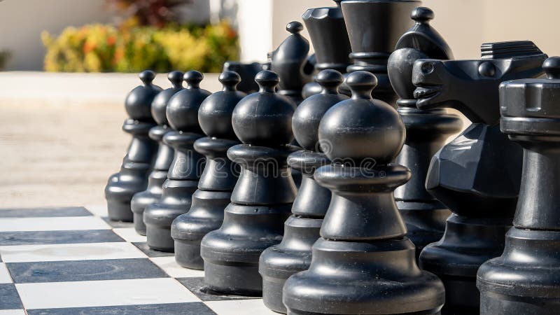 Black Chess Pieces Lined Up at the Start of a Game Stock Photo - Image ...