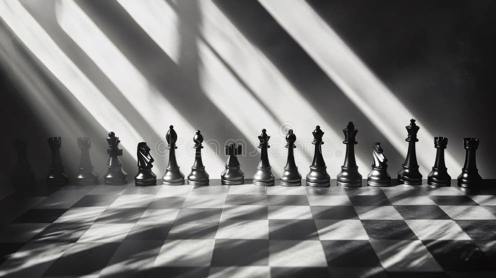 Black Chess Pieces Standing on Board in Dramatic Lighting Stock Image ...