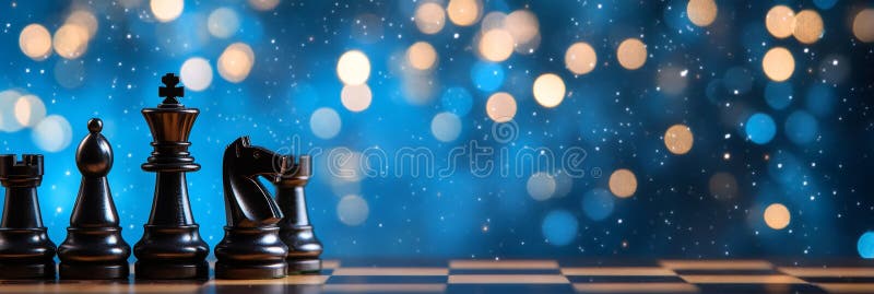 Black Chess Pieces Standing on Board with Sparkling Blue Background ...