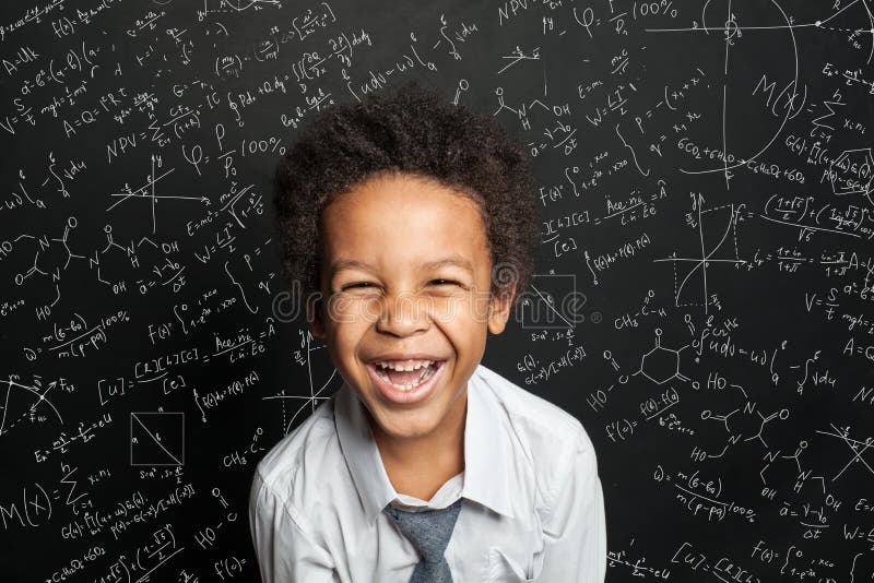 Happy Smart Black Child Student Blackboard Background Science Maths ...