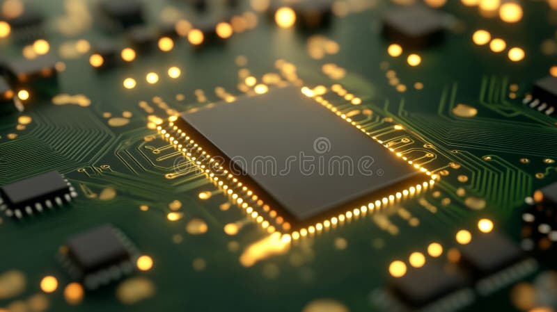 Black Chip on Green Circuit Board with Golden Pathways in Warm Lighting ...