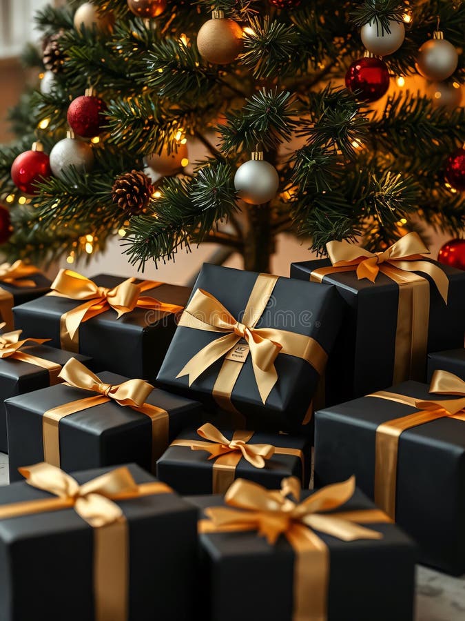 Black Christmas Gift Parcels with Orange Ribbons with a Blurred ...