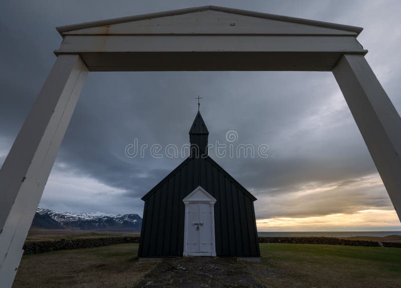 Black Church of Budir, Iceland Stock Image - Image of culture, clouds ...