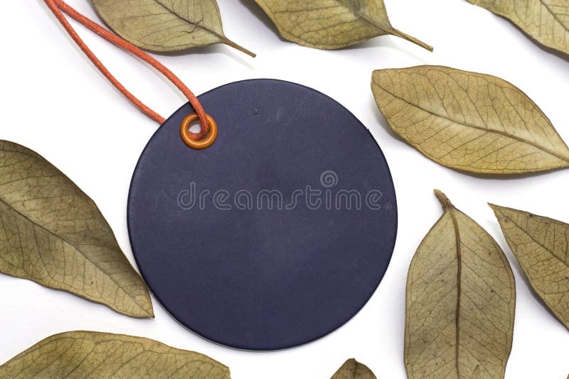 Black Circle Empty Tag with Orange Rope and Dry Green Leaf. Stock Photo ...